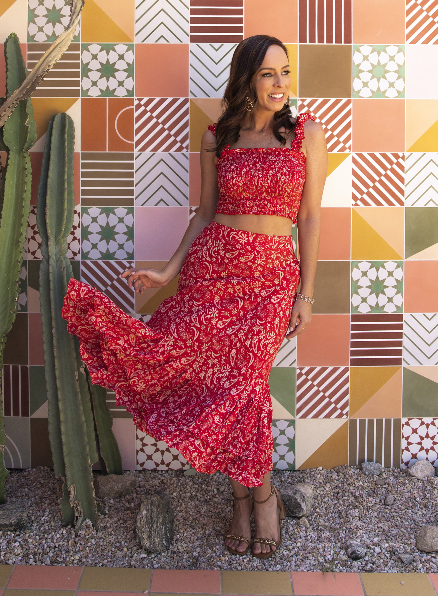 Sydne Style Wears Matching Skirt Set In Red Crop Top And Midi Skirt Sydne Style